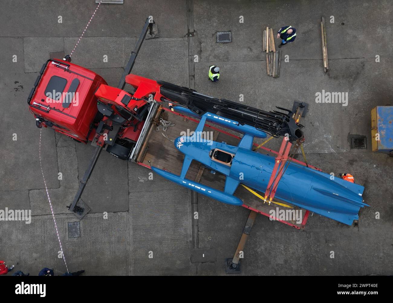 The restored hydroplane boat, Bluebird K7 is loaded onto a lorry in ...