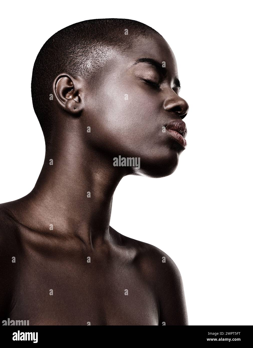 African, woman and profile of beauty with skincare in studio on white ...