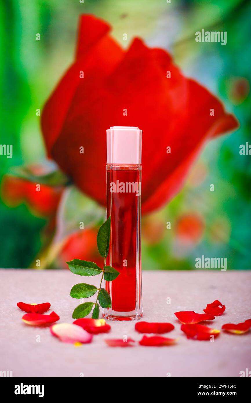 Red Glass Bottle with women perfume on with rose Rose background Stock ...