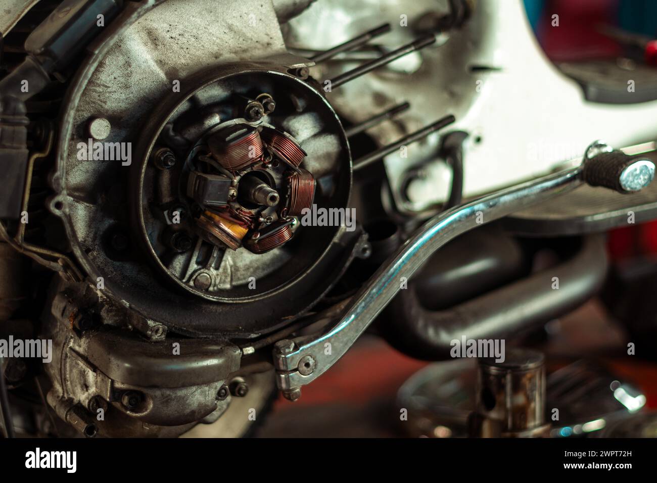 Close-up of a classic italian vintage scooter motorcycle engine's ...