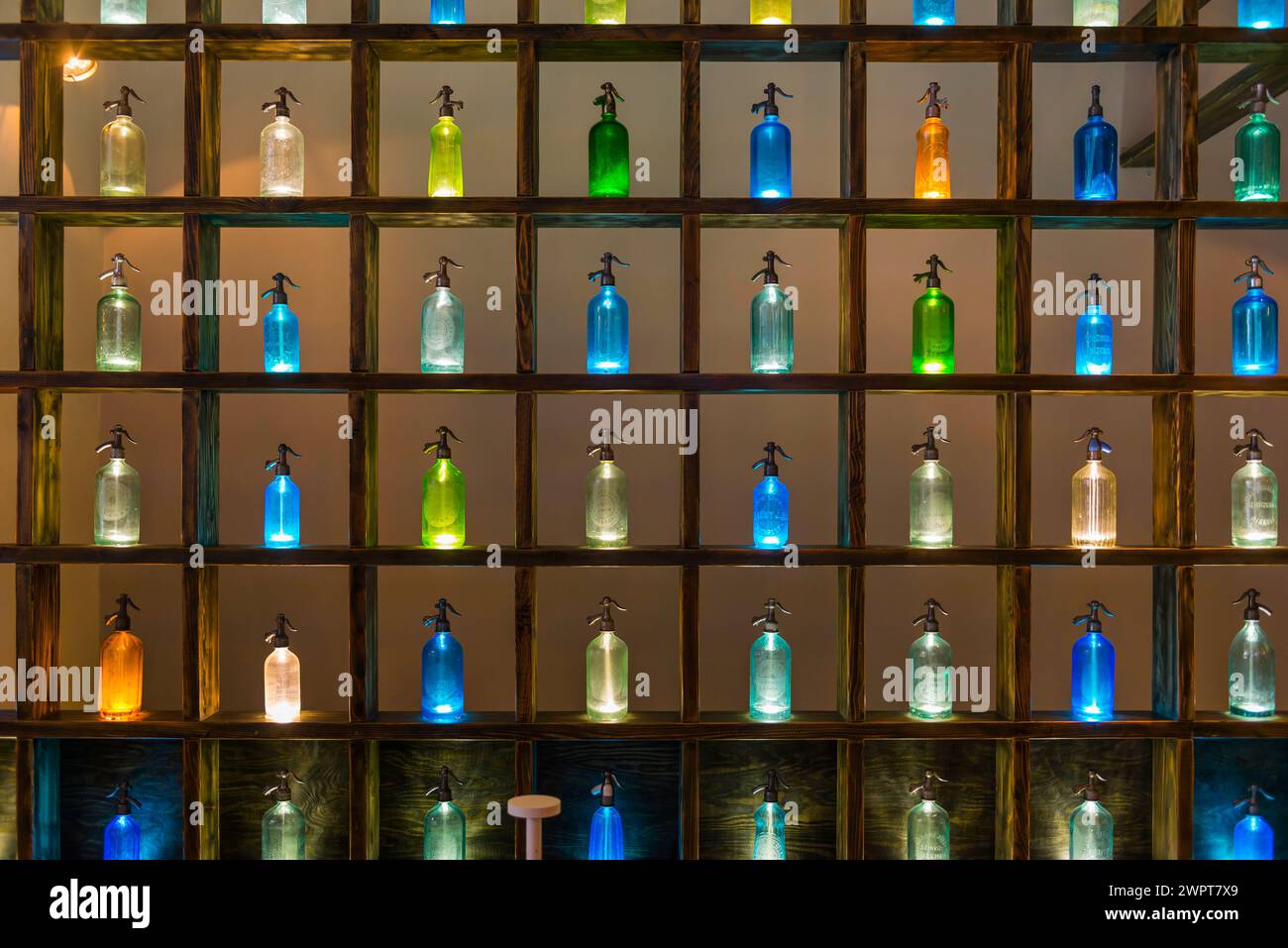 Colourful bottles on shelf, soda bottles, colourful, illuminated, order ...