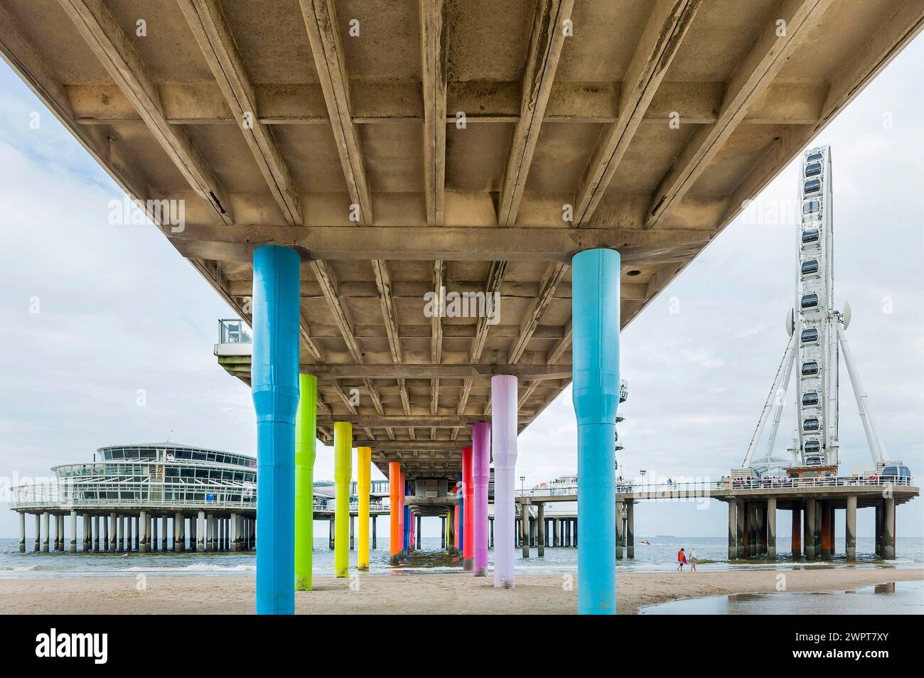 Pier in Scheveningen with Ferris wheel and restaurant, beach, bridge ...
