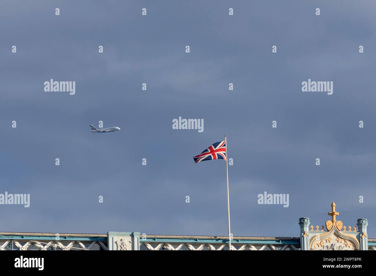 Airbus A380 aircraft of Emirates airlines in flight with a Union Jack ...