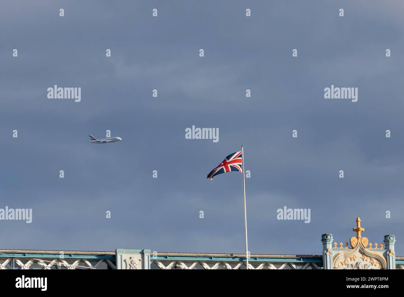Airbus A380 aircraft of Emirates airlines in flight with a Union Jack ...