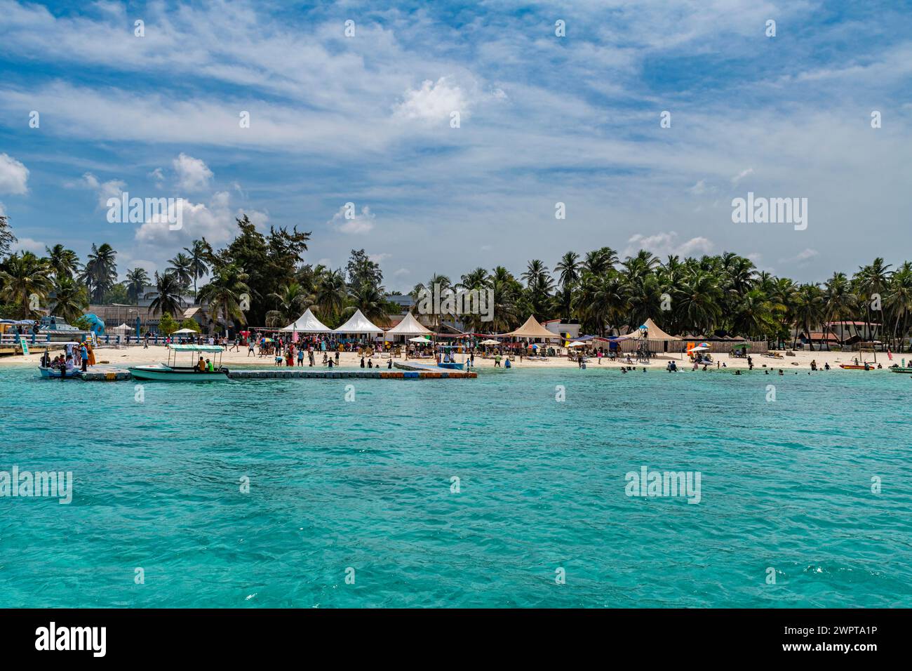 Palm fringed white sand beach, Agatti Island, Lakshadweep archipelago ...