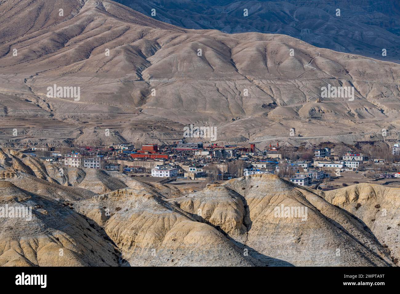 Lo Manthang, capital of Upper Mustang, viewed from a distance amidst a ...