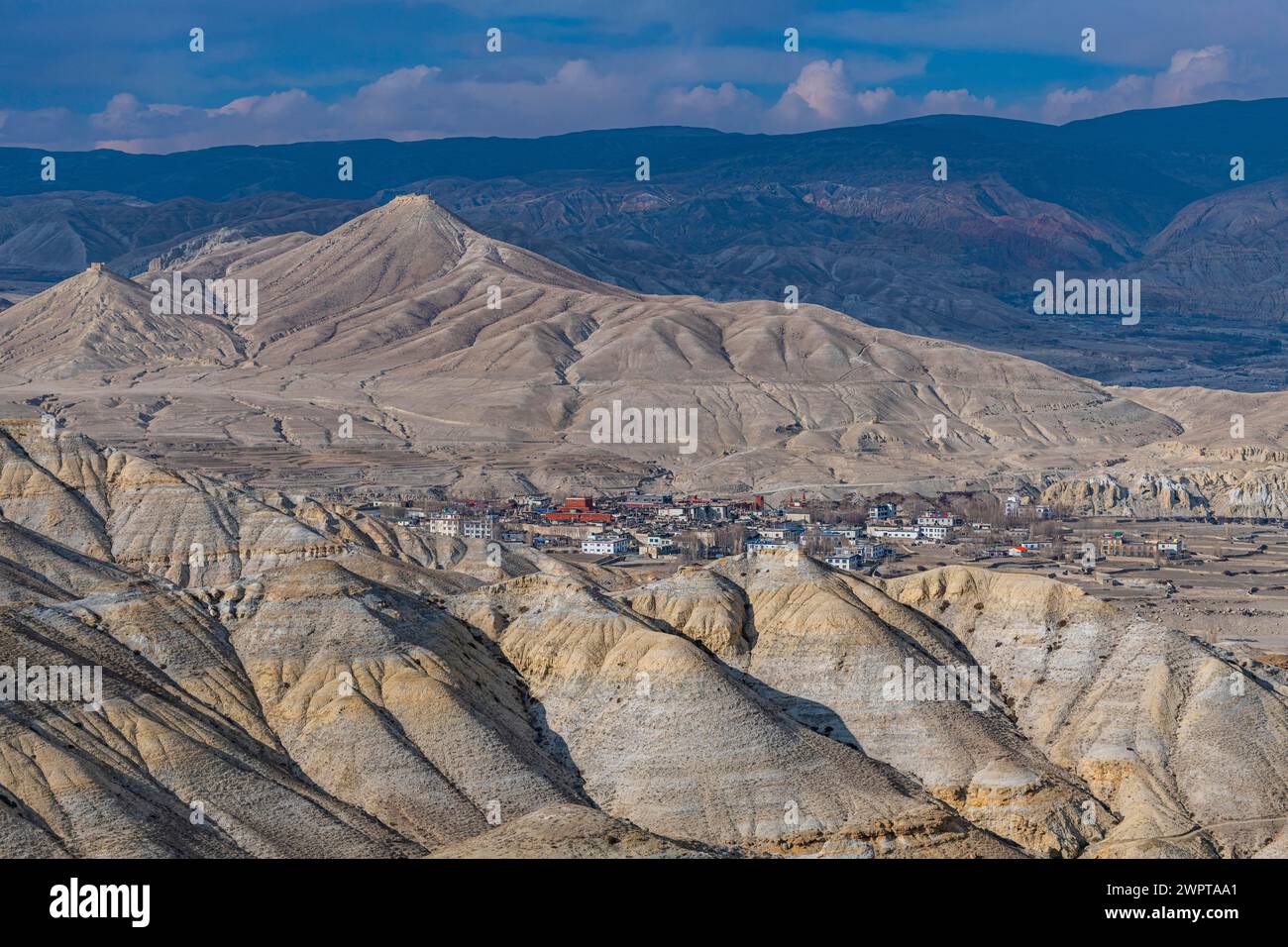 Lo Manthang, capital of Upper Mustang, viewed from a distance amidst a ...