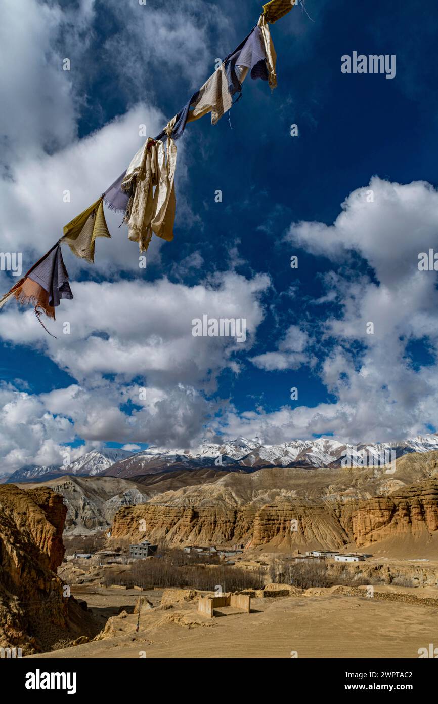 Tibetan praying flags, Garphu, Kingdom of Mustang, Nepal Stock Photo ...