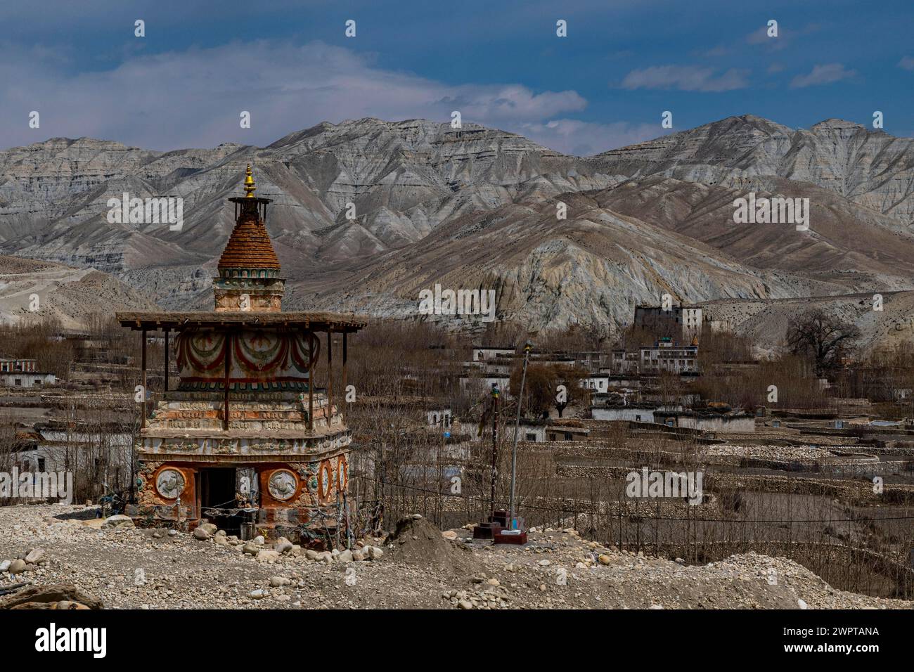 Colourfully painted Buddhist stupa, Tsarang, Kingdom of Mustang, Nepal ...