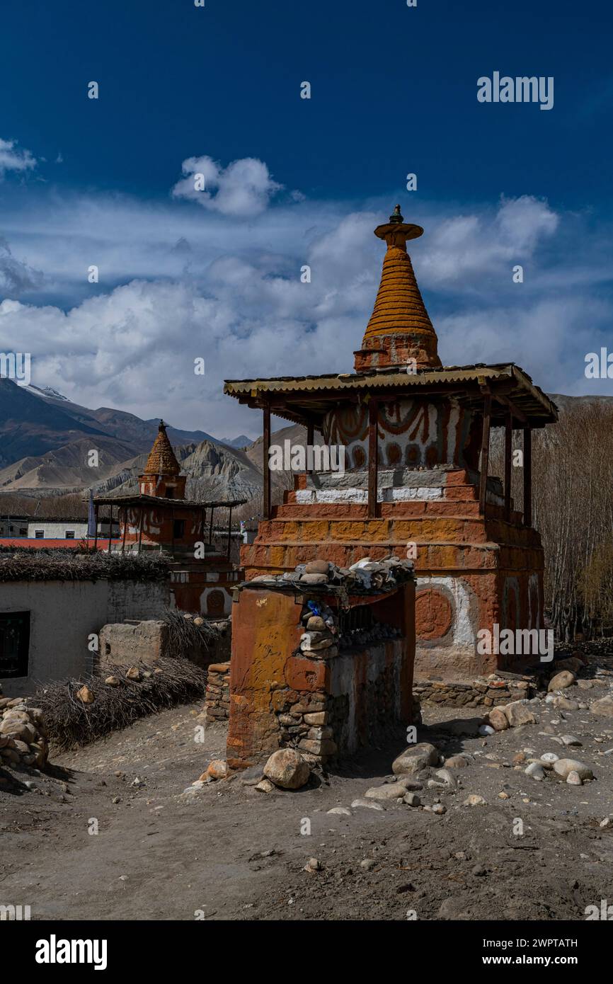 Colourfully painted Buddhist stupa, Kingdom of Mustang, Nepal Stock ...