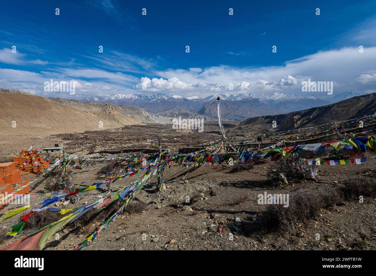 Praying flags, Ghar Gumba monastery, Kingdom of Mustang, Nepal Stock ...