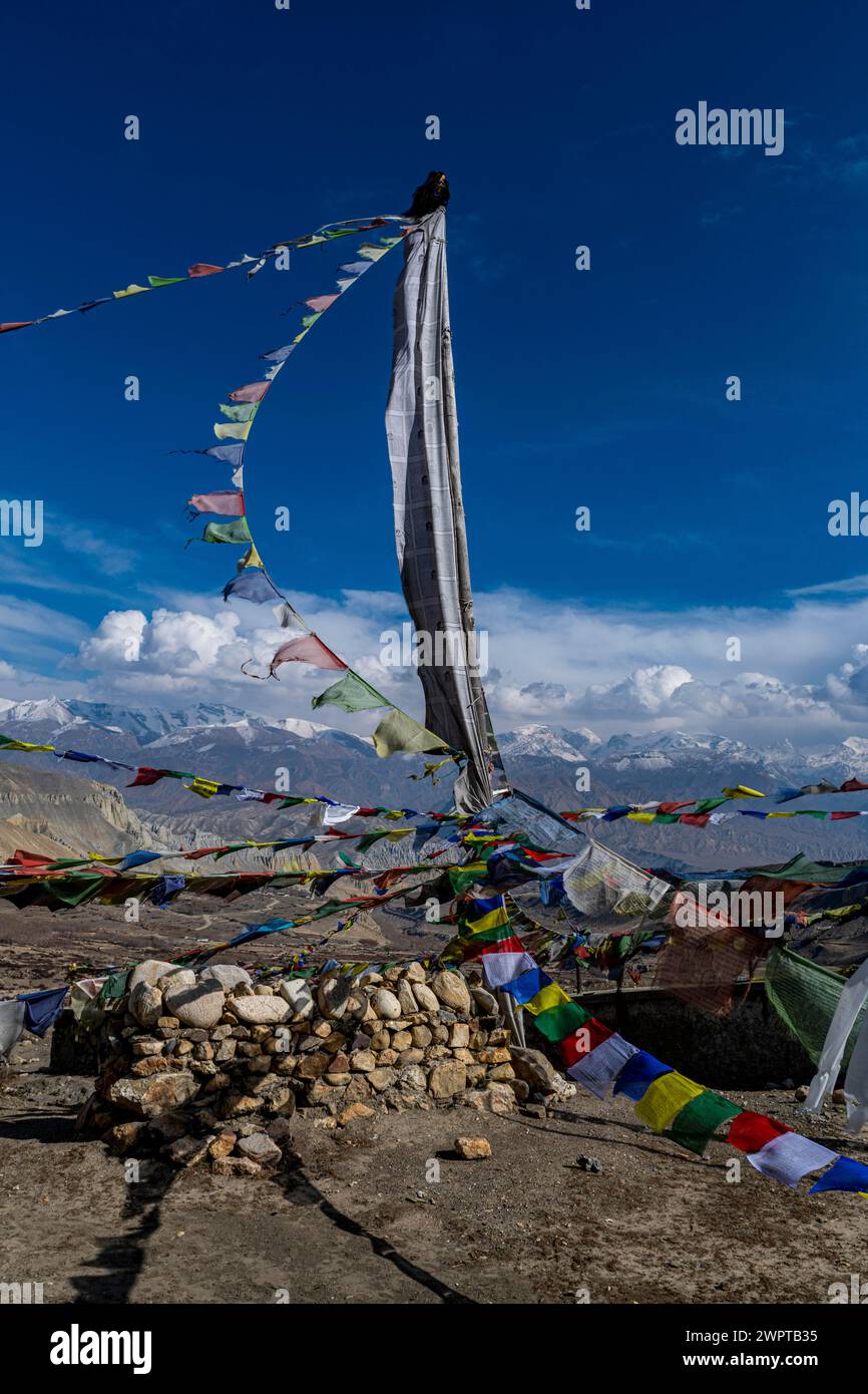 Praying flags, Ghar Gumba monastery, Kingdom of Mustang, Nepal Stock ...