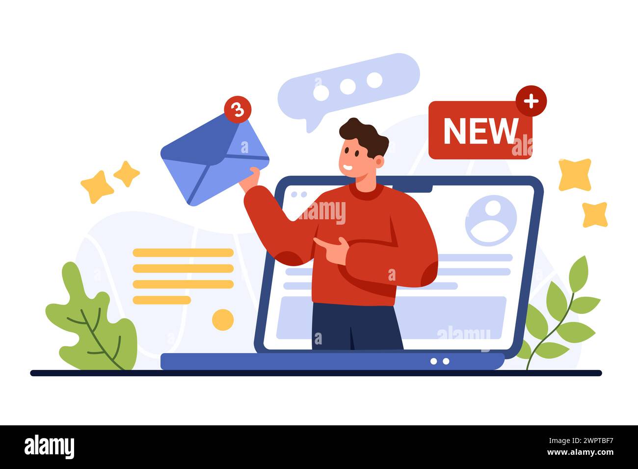 New email and SMS notification in mailbox mobile app. Tiny on laptop screen giving envelopes ...