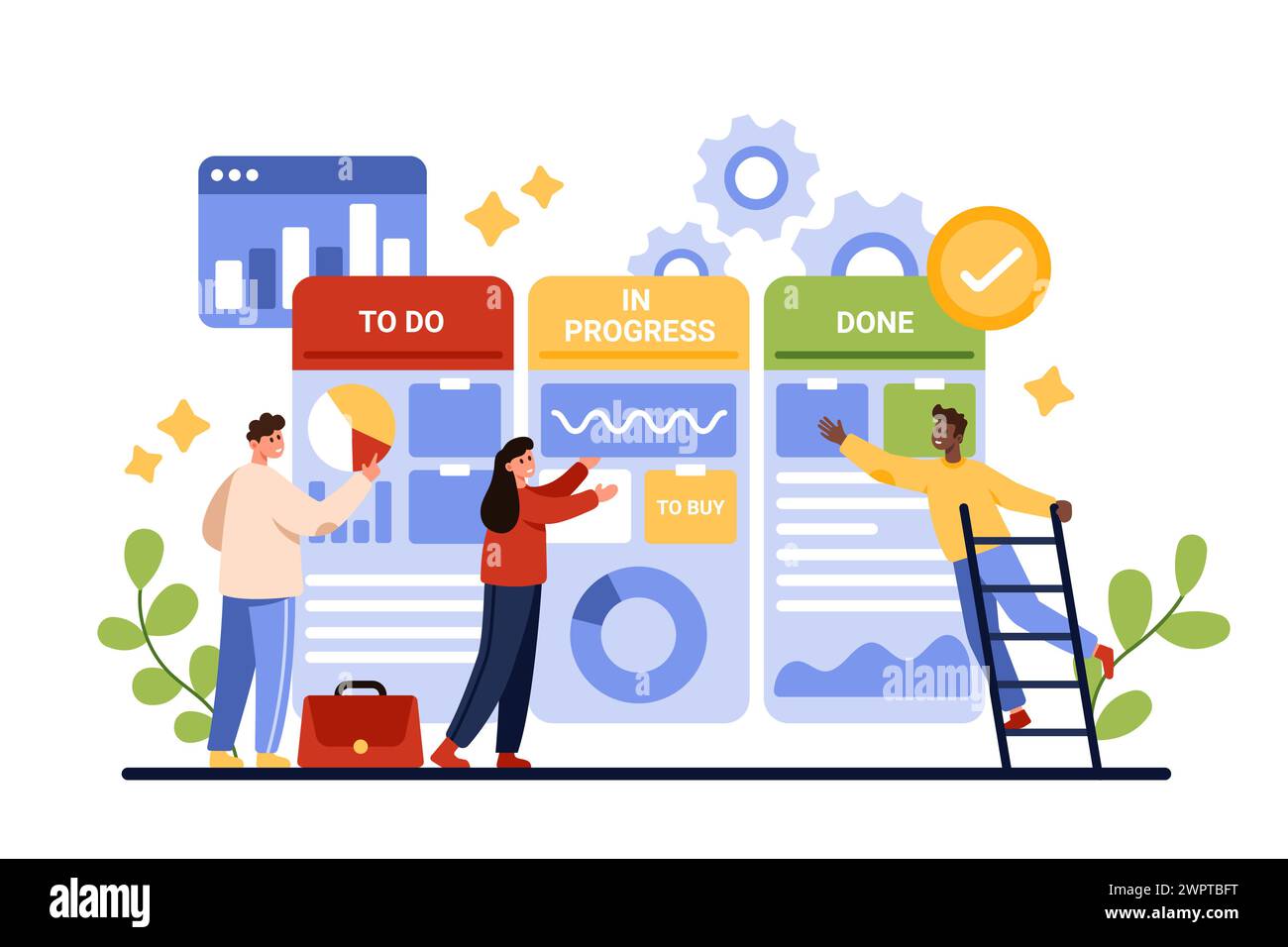 Kanban board, agile project management method. Tiny people plan ...