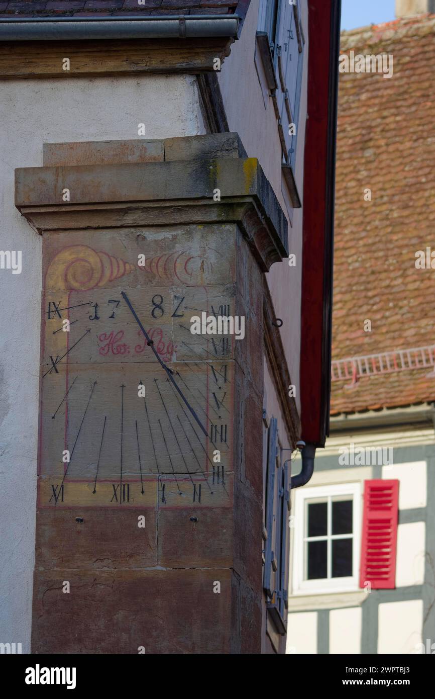 Historic sundial in the old town centre, half-timbered house, Kirchberg ...