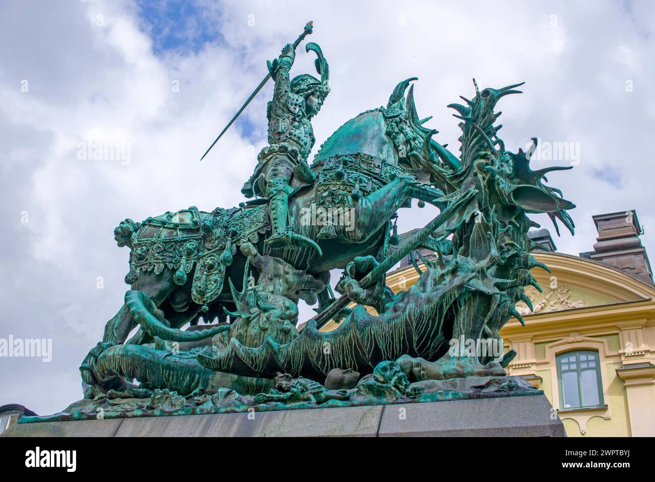 Statue of St Goran, fighting the dragon in Stockholm, Sweden Stock ...
