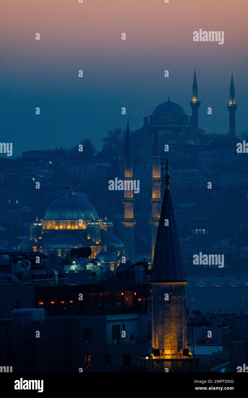 Illuminated spires of New, Suleymaniye Mosque and Fatih mosques in the ...