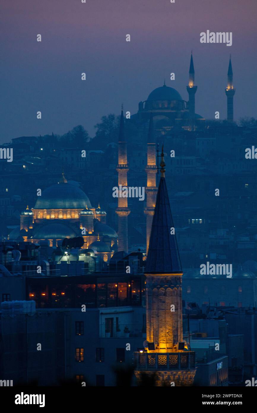 Illuminated spires of New, Suleymaniye Mosque and Fatih mosques in the ...