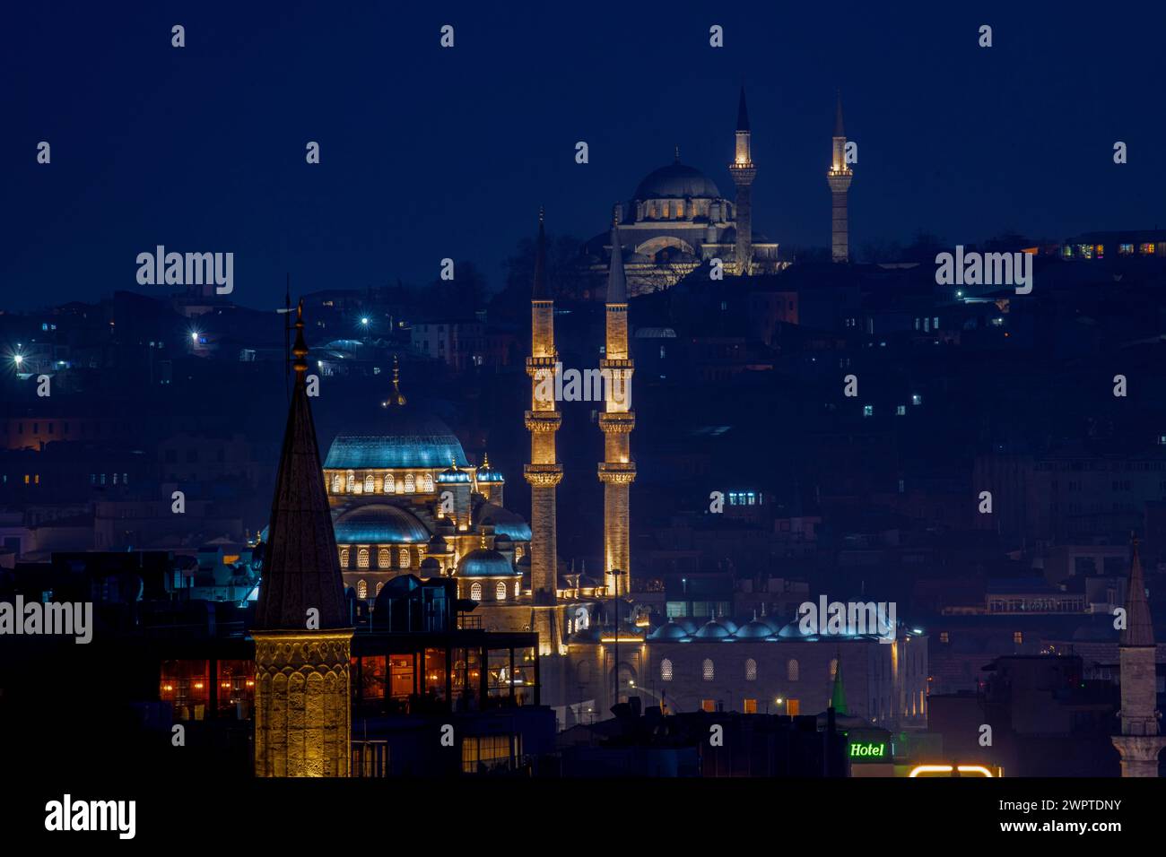 Illuminated spires of New, Suleymaniye Mosque and Fatih mosques in the ...