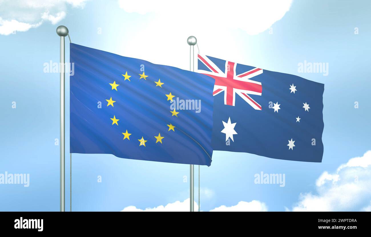 3D Flag of European Union and Australia on Blue Sky with Sun Shine ...
