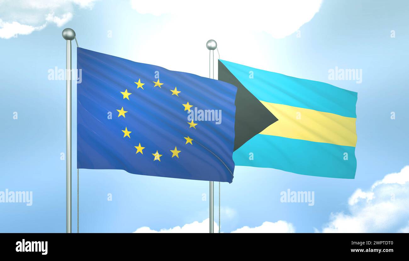 3D Flag of European Union and Bahamas on Blue Sky with Sun Shine Stock ...