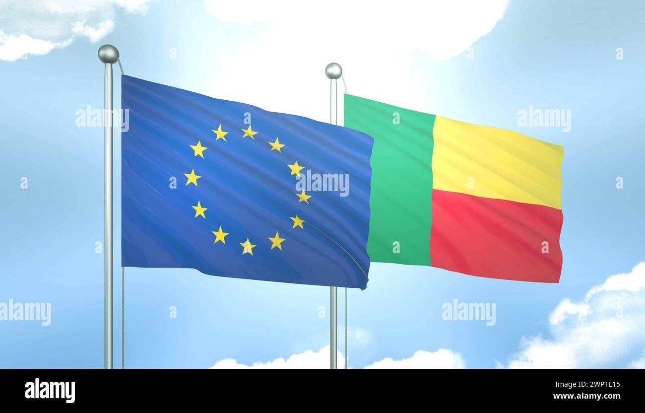 3D Flag of European Union and Benin on Blue Sky with Sun Shine Stock ...