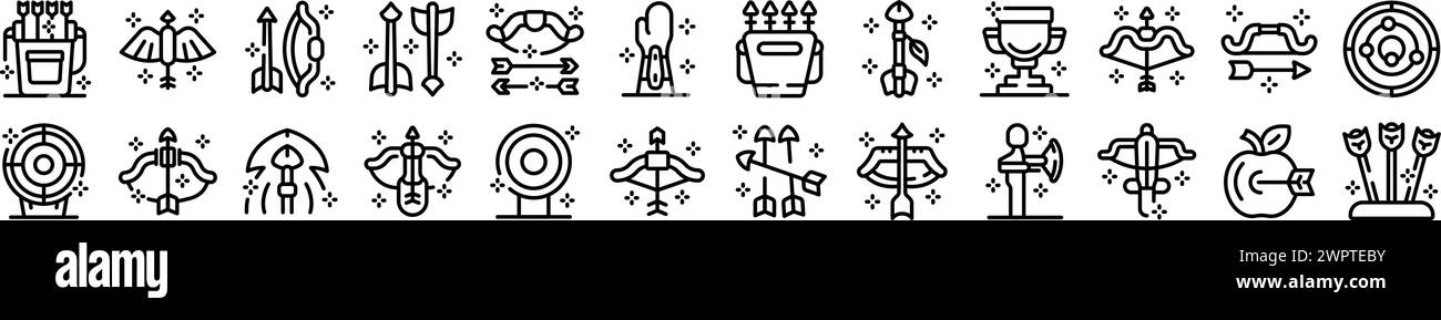 Archery shoot weapon icons set outline vector. Bow arrow game. Stone ...