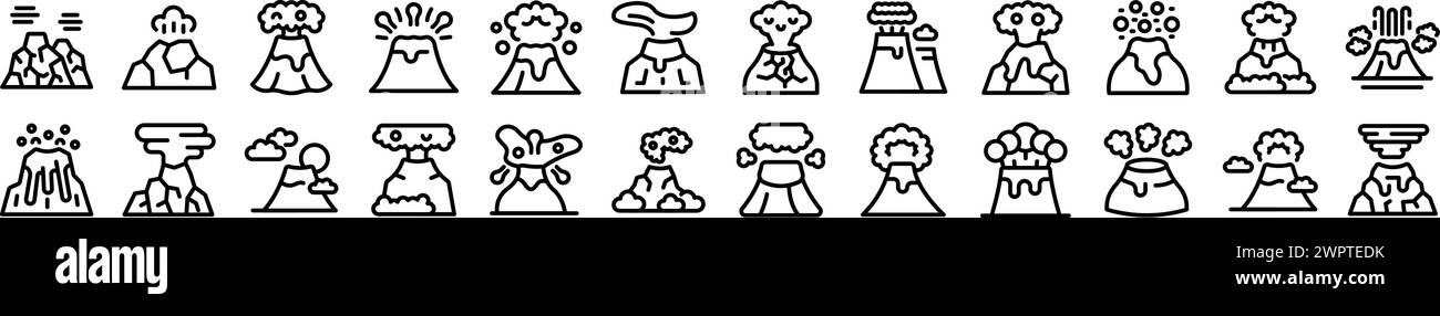 Volcano explosion icons set outline vector. Lava eruption rock. Smoke ...