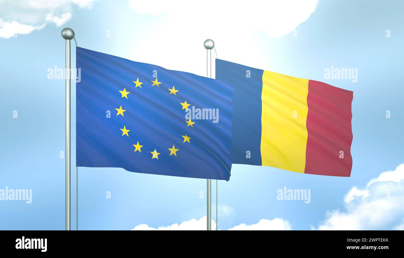 3D Flag of European Union and Chad on Blue Sky with Sun Shine Stock ...
