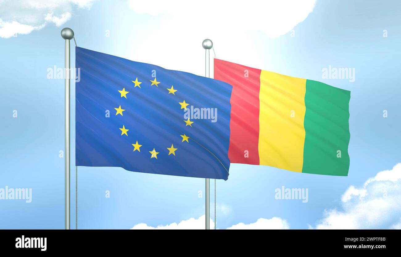 3D Flag of European Union and Guinea on Blue Sky with Sun Shine Stock ...