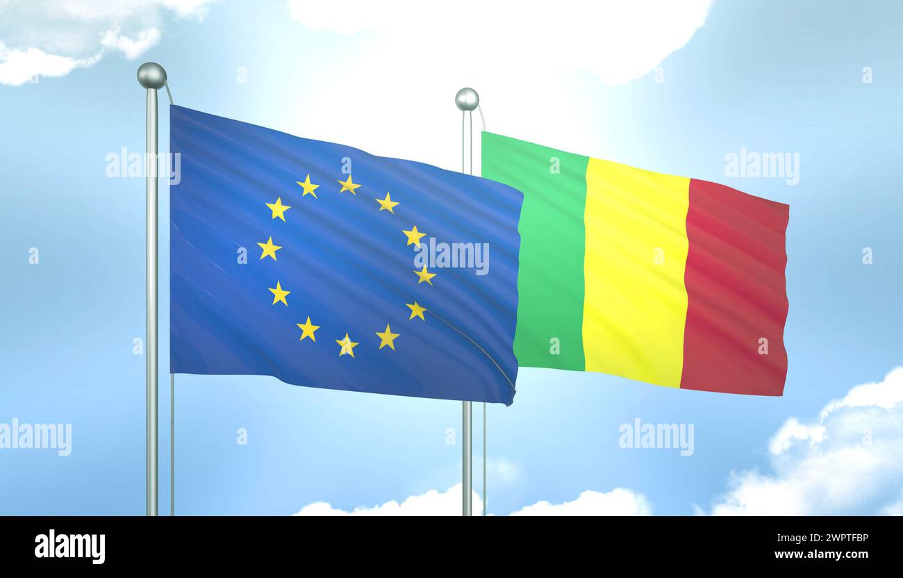 3D Flag of European Union and Mali on Blue Sky with Sun Shine Stock ...