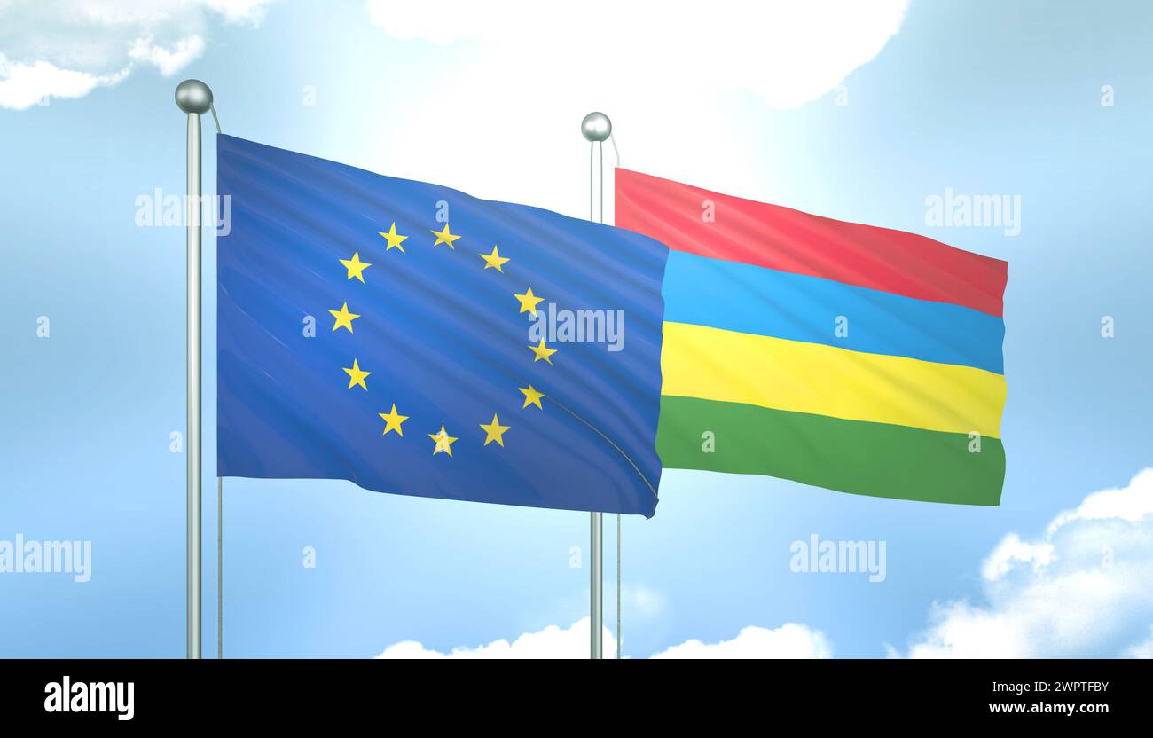 3D Flag of European Union and Mauritius on Blue Sky with Sun Shine ...
