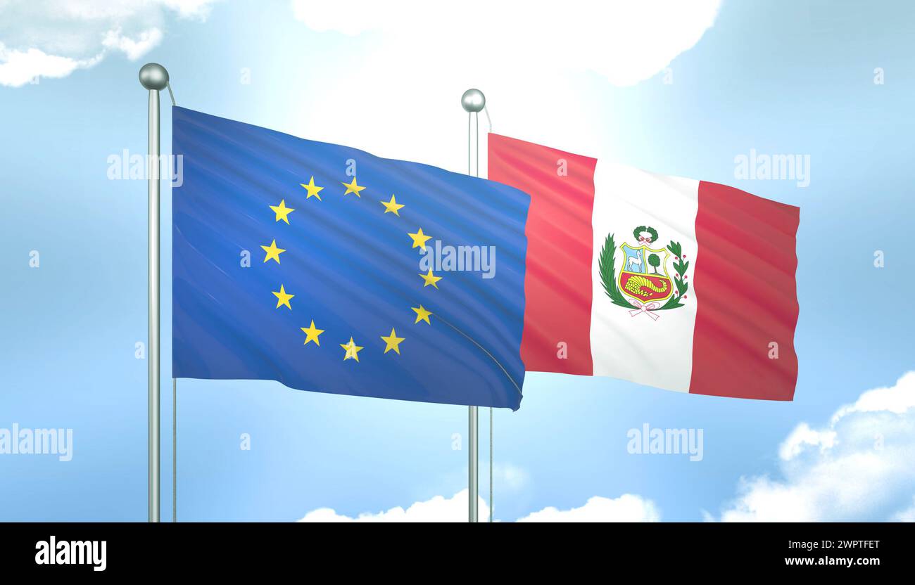 3D Flag of European Union and Peru on Blue Sky with Sun Shine Stock ...