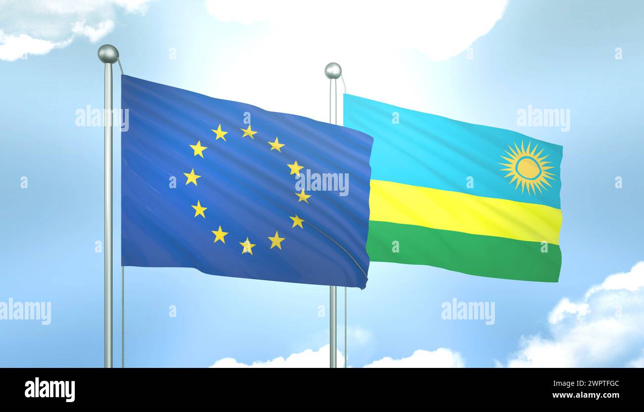 3D Flag of European Union and Rwanda on Blue Sky with Sun Shine Stock ...