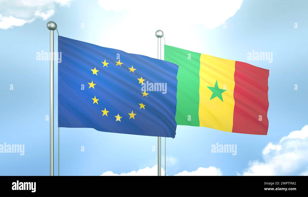 3D Flag of European Union and Senegal on Blue Sky with Sun Shine Stock ...