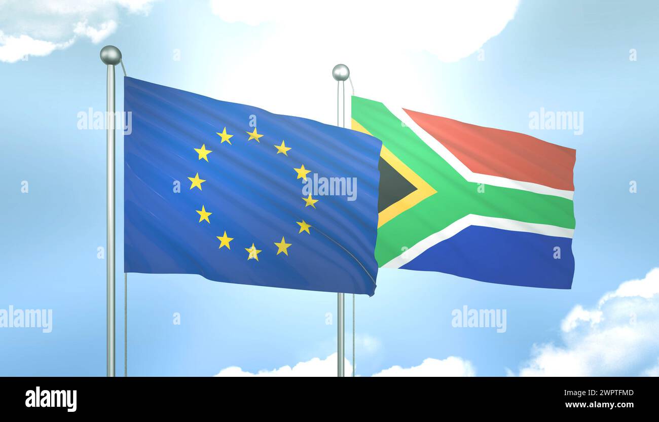 3D Flag of European Union and South Africa on Blue Sky with Sun Shine ...