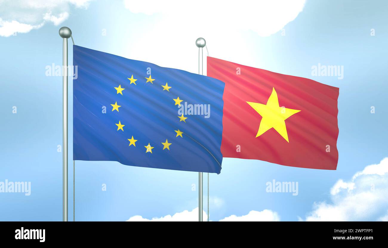 3D Flag of European Union and Vietnam on Blue Sky with Sun Shine Stock Photo - Alamy