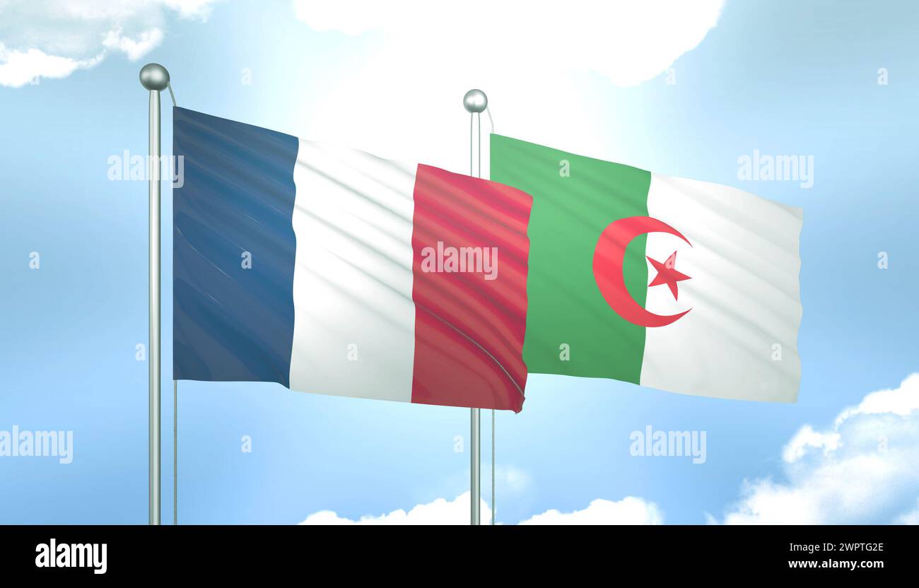 3D Flag of France and Algeria on Blue Sky with Sun Shine Stock Photo ...