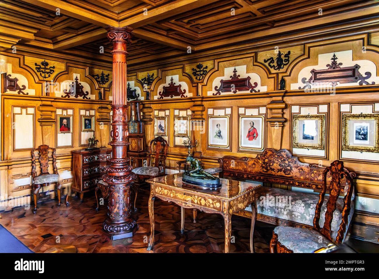 Interior in neo-renaissance, neo-baroque style, Miramare Castle with ...