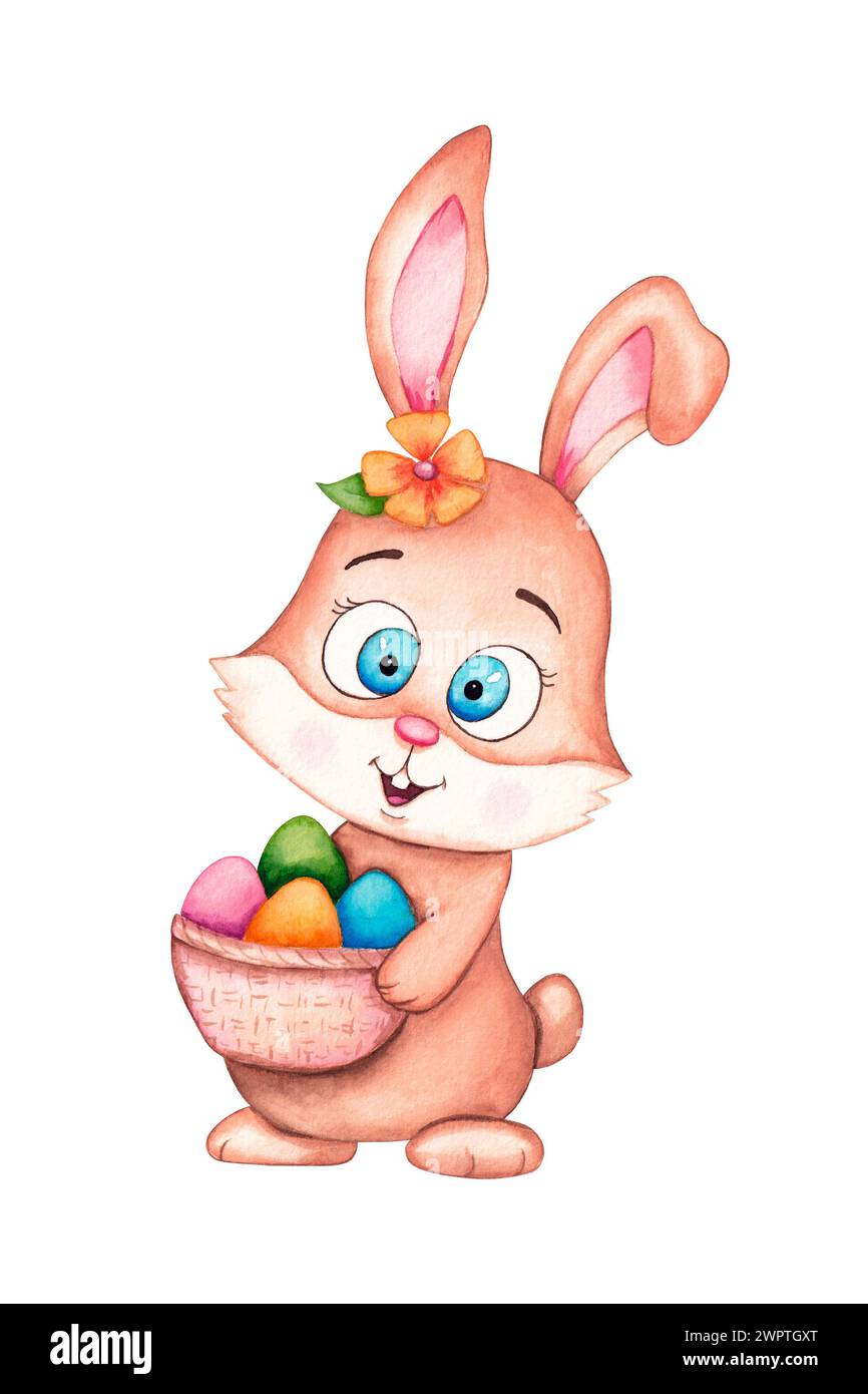 Watercolor Easter Bunny with a basket of colored Easter eggs. Hand ...