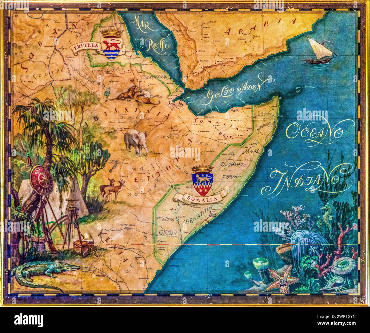 Antique map of the Horn of Africa, interior in neo-renaissance, neo-baroque style, Miramare ...