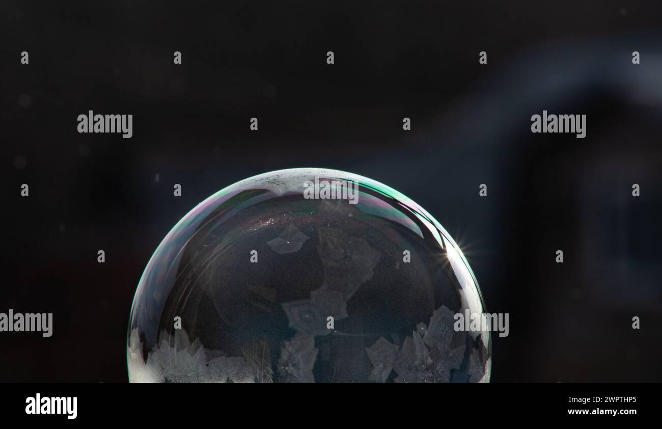 Winter collage. A transparent soap bubble freezing in the cold on a ...