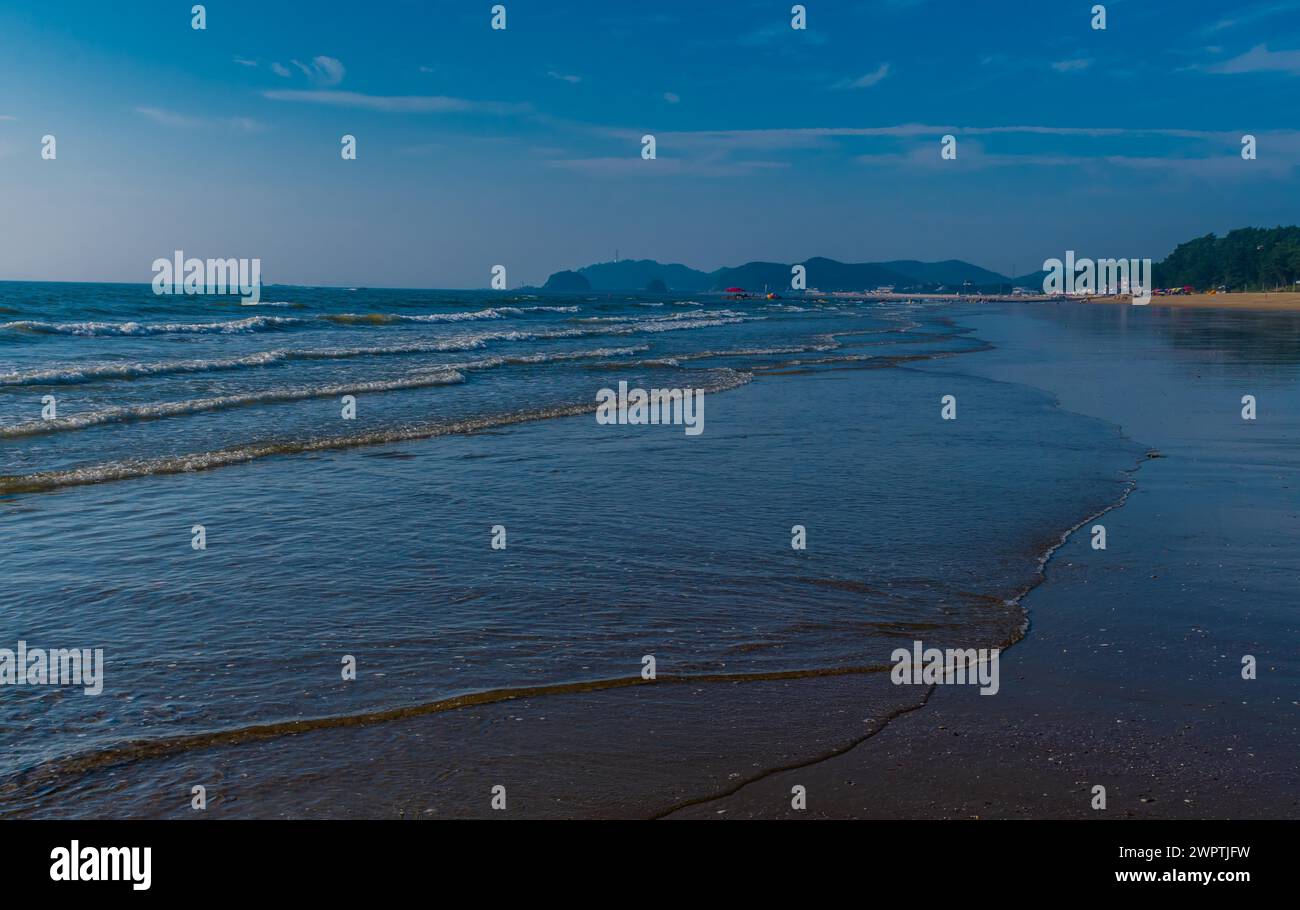 Gentle waves wash over sandy beach with clear blue sky, in South Korea ...