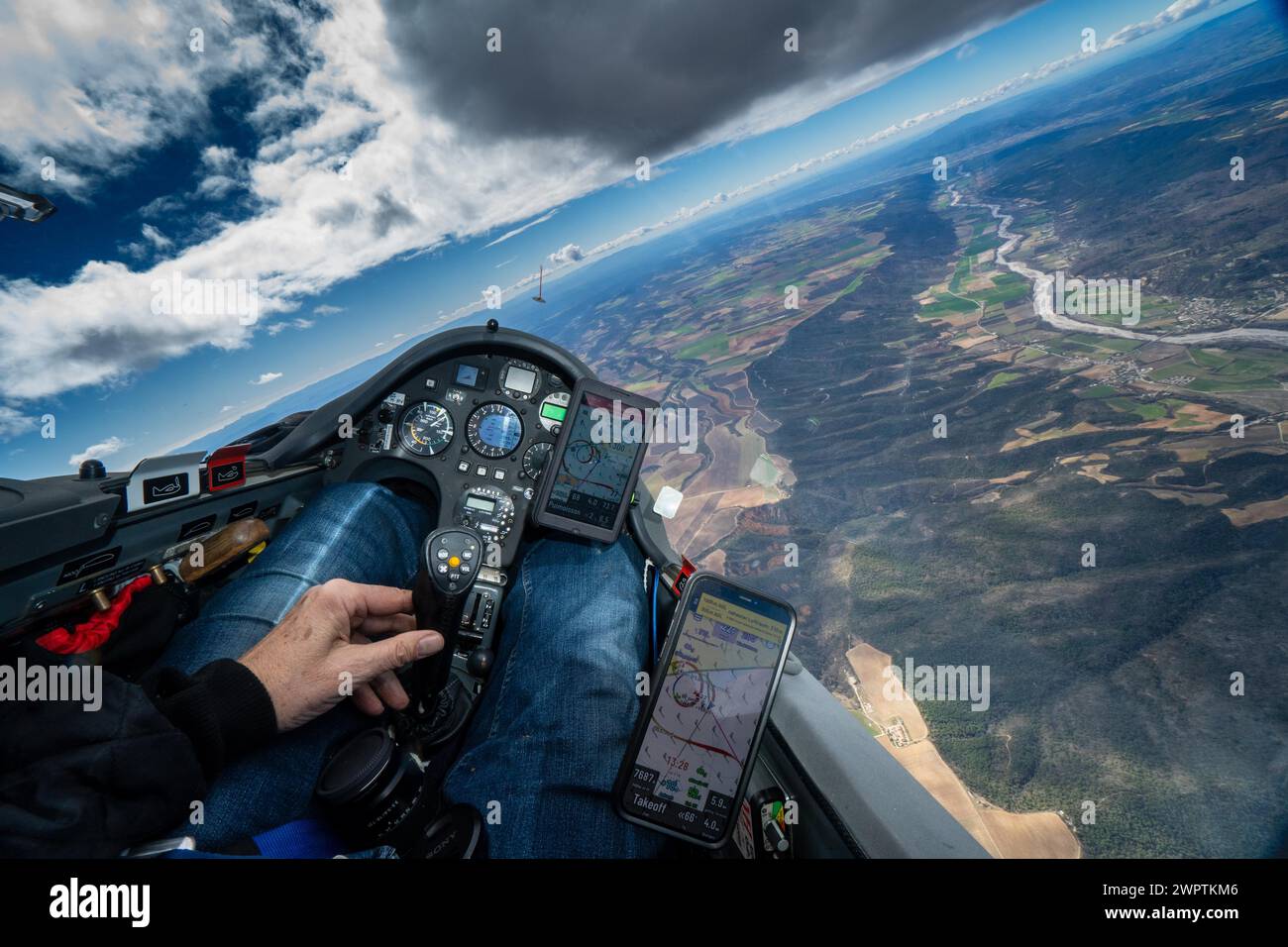 Aerial photo, gliding flight, cockpit, instruments, GPS, steering ...