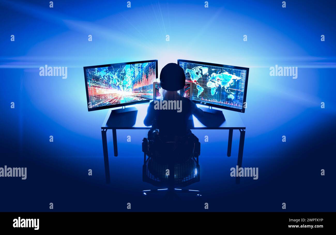 Hackers in action, computer security breach. Computer problems and ...