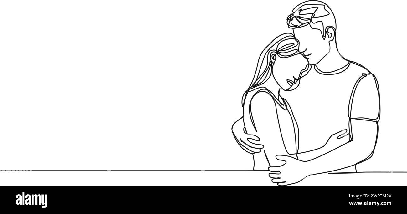 Continuous Single Line Drawing Of Man And Woman Tenderly Embracing Each