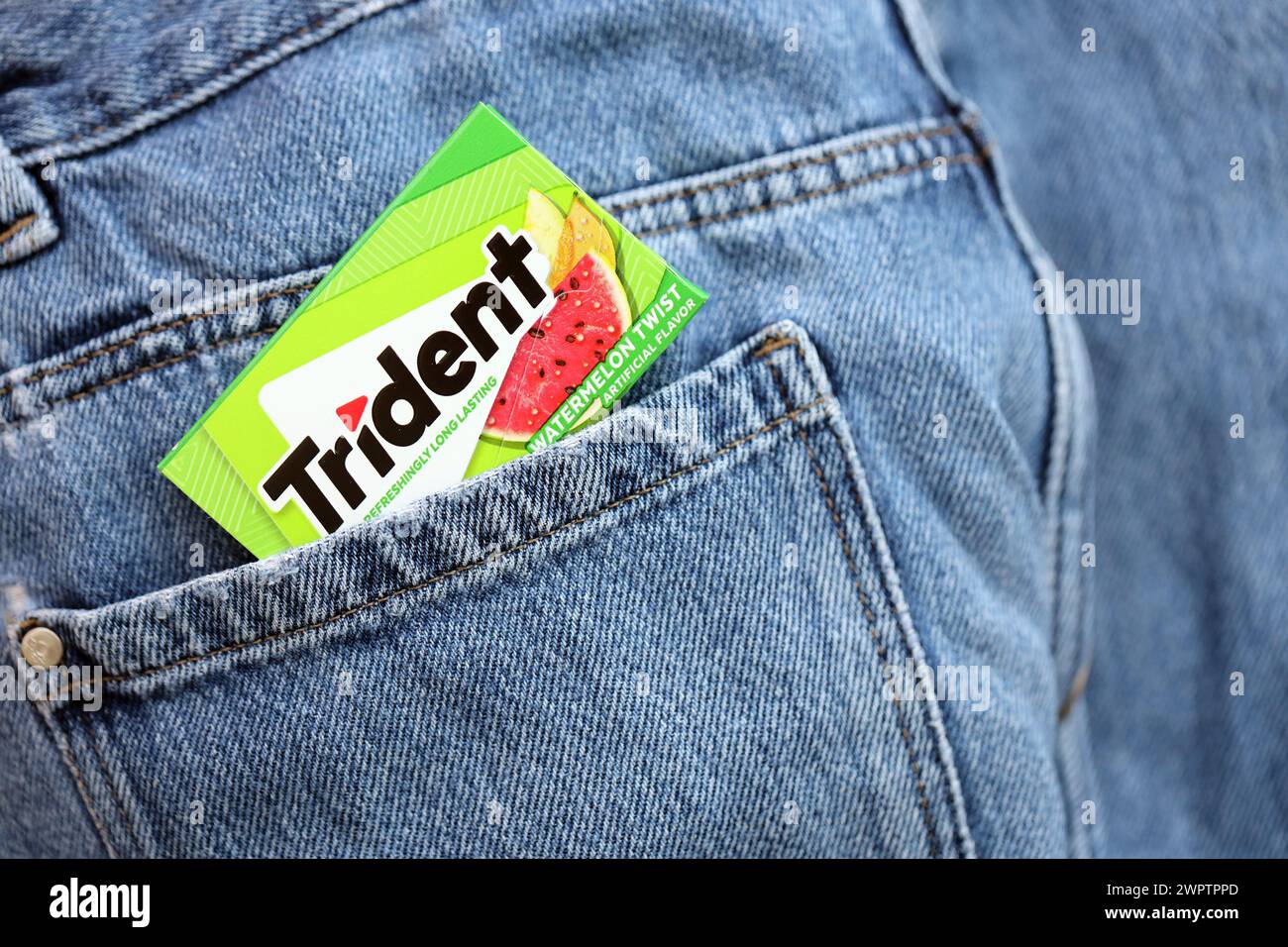 KYIV, UKRAINE - NOVEMBER 27, 2023 Trident chewing gum pack. Trident is ...