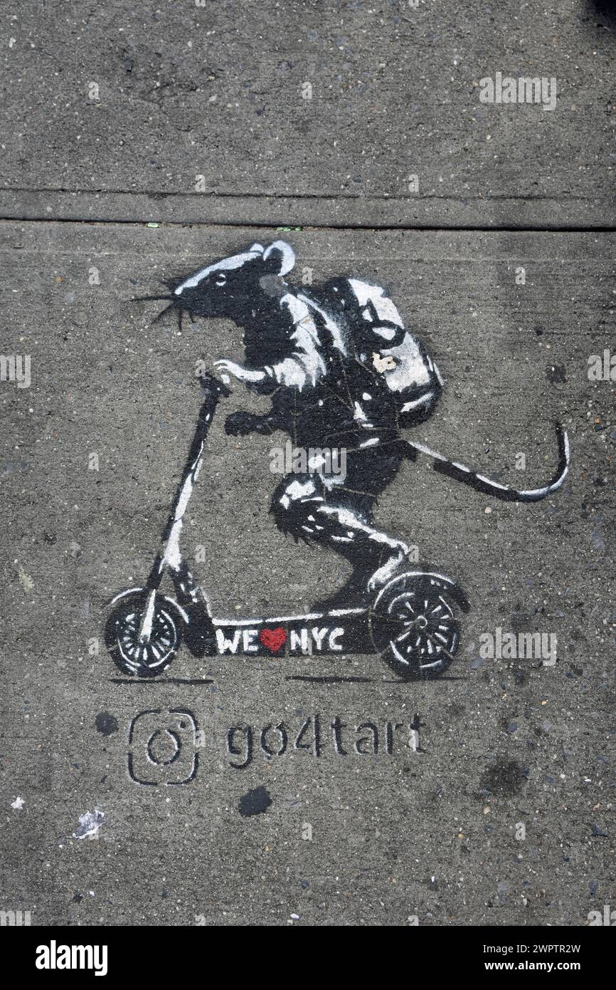 Graffiti on pavement, mouse with backpack on scooter with inscription ...