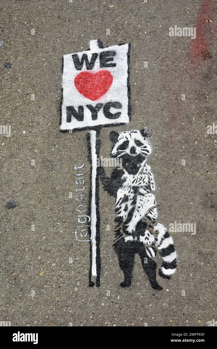 Graffiti on pavement, raccoon holding sign saying We love NYC, SoHo ...