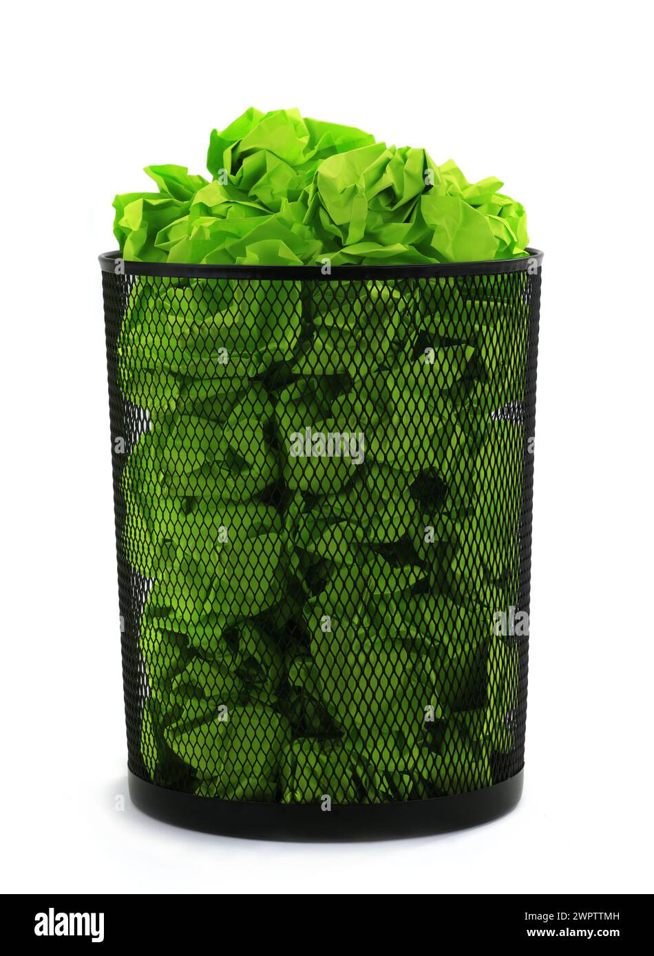 bin full of waste green paper on white background Stock Photo - Alamy